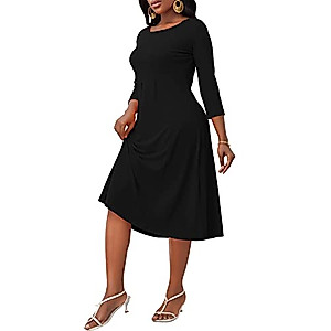 Women's Midi A Line Dress Vintage Casual Party 3/4 Sleeve Empire Waist Swing Fit and Flare Dresses Black XL