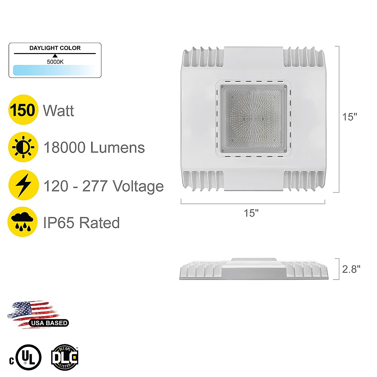 NUWATT LED Waterproof Canopy Gas Station Light Fixture 150W, Ultra Bright Daylight 5000K, 18000 Lumens, Internal Driver, Outdoor High Bay Garage Carport 120-277V DLC Listed