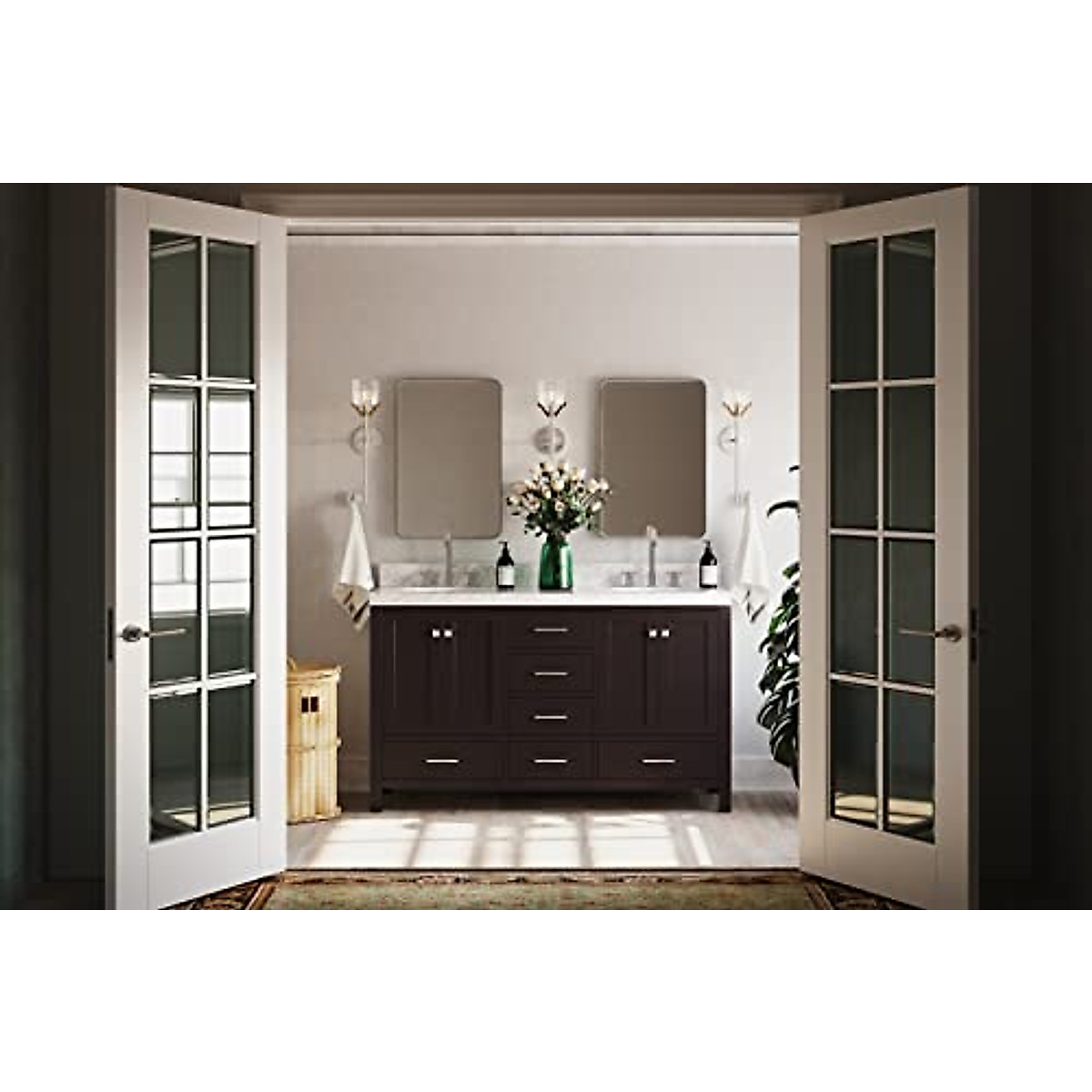 ARIEL Double Bathroom Vanity 60" Espresso, 2" Edge Italian Carrara Marble Countertop & Splash, Rectangular Sinks, 4 Soft Closing Doors, 6 Full Extension Dovetail Drawers, Brushed Nickel