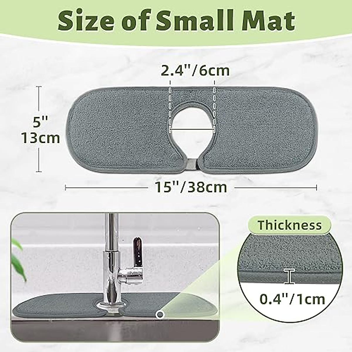 LOPNUR Faucet Mat for Kitchen Sink, 15”x 5” Kitchen Sink Splash Guard Behind Faucet, Sink Faucet Absorbing Mat for Kitchen & Bathroom, Washable Microfiber Faucet Splash Guard for Sink【Grey, 2 Pack】
