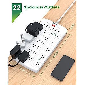 Power Strip, SUPERDANNY Surge Protector with 22 AC Outlets and 6 USB Charging Ports+ 【6.5Ft & 22 Outlets & 6 USB Ports】 1050J Surge Protector Power Strip SUPERDANNY Flat Plug Extension Cord