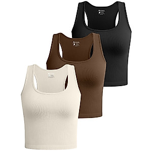 OQQ Women's 3 Piece Crop Tank Tops Ribbed Seamless Workout Sleeveless Shirts Racerback Crop Tops Black Coffee Beige