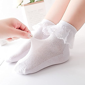 Xiyadun 5 Pairs Toddler Baby & Child Girls Ruffle Lace Ankle Cotton Dress Socks (M for 3-6 Years, Eyelet White)