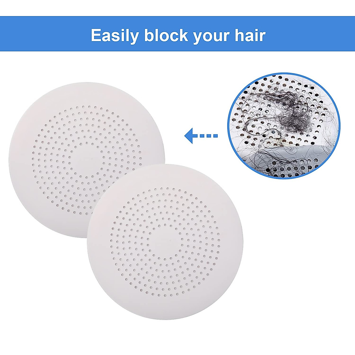 Hair Catcher Round Silicone Hair Stopper with Suction Cup Quick & Easy to Install Perfect for Bathroom, Bathtub & Kitchen Use - Pack of 2 (White)