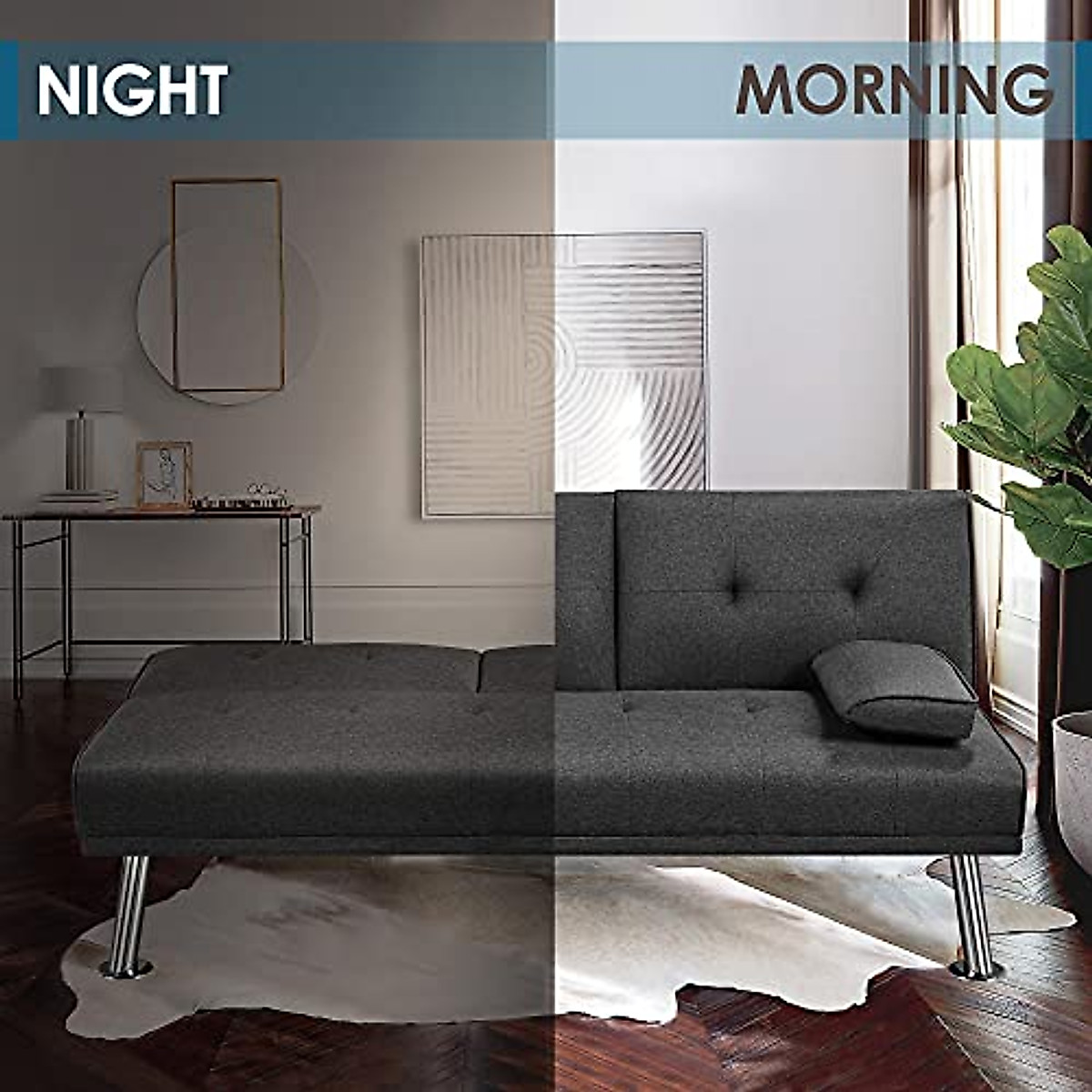 Yaheetech Linen Fabric Modern Sofa Bed Sectional Couch Bed Folding Recliner Sleeper Reversible Loveseat Convertible Daybed, 2 Cup Holders, 3 Angles, 772lb Capacity, Removable Armrests, Dark Gray