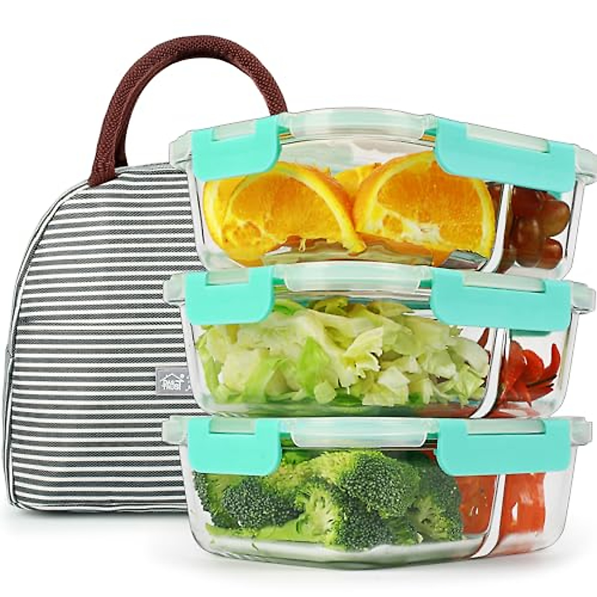 DAS TRUST 3 Pack Food Storage Containers 2 Compartments Glass Meal Prep Containers with Lids for Adult Food Prep Container with Dividers Reusable Lunch Bento Box