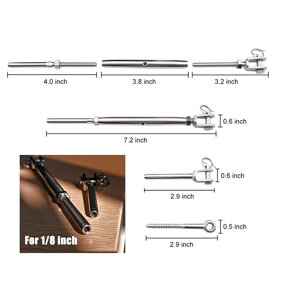 (10 Pack) Adjustable T316 Stainless Steel Deck Cable Railing Kit for Wood Posts, Swage Turnbuckle 10-Pcs, Eye Terminal Wood Screw Stair Railing Marine Grade