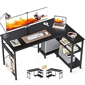 ODK Small L Shaped Computer Desk, 48 Inch Corner Desk with Reversible Storage Shelves & Iron Hook, Modern Simple Writing Study Table, Black