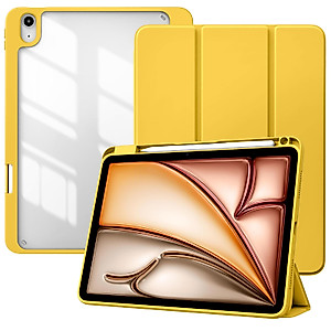 TiMOVO Case for iPad Air 11 Inch M2 2024 with Pencil Holder, iPad Air 6th/5th/4th Generation Case (2024/2022/2020) 10.9 Inch, Slim Stand Protective Cover with Transparent Back Shell, Yellow