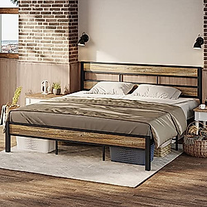 LIKIMIO King Bed Frame and Headboard, Easy Assembly, Noise-Free, No Box Spring Needed, Heavy Strong Metal Support Frames, Double-Row Support Bars, Rustic Brown