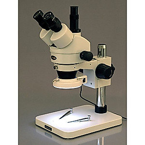 AmScope SM-1TS-144S-M Digital Professional Trinocular Stereo Zoom Microscope, WH10x Eyepieces, 7X-45X Magnification, 0.7X-4.5X Zoom Objective, 144-Bulb LED Ring Light, Pillar Stand, 110V-240V, Includes 1.3MP Camera with Reduction Lens and Software
