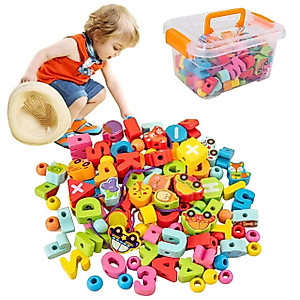 Lierpit 100pc Wooden Toddler Crafts Lacing String Beads Preschool Activities Montessori Toys with Storage Box for Boys & Girls 3+ Years Old Holiday Birthday Gifts