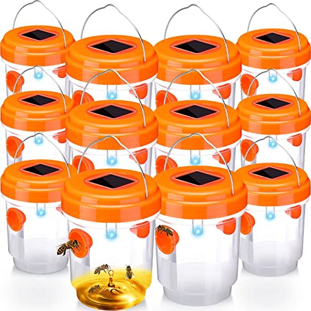 Kittmip Wasp Trap Solar Powered Bee Trap Reusable Fly Traps Outdoor Hanging Wasp Killer with UV LED Light Flying Insects Bee Killer for Indoor Outdoor Patio Garden Home (Orange, 12 Packs)