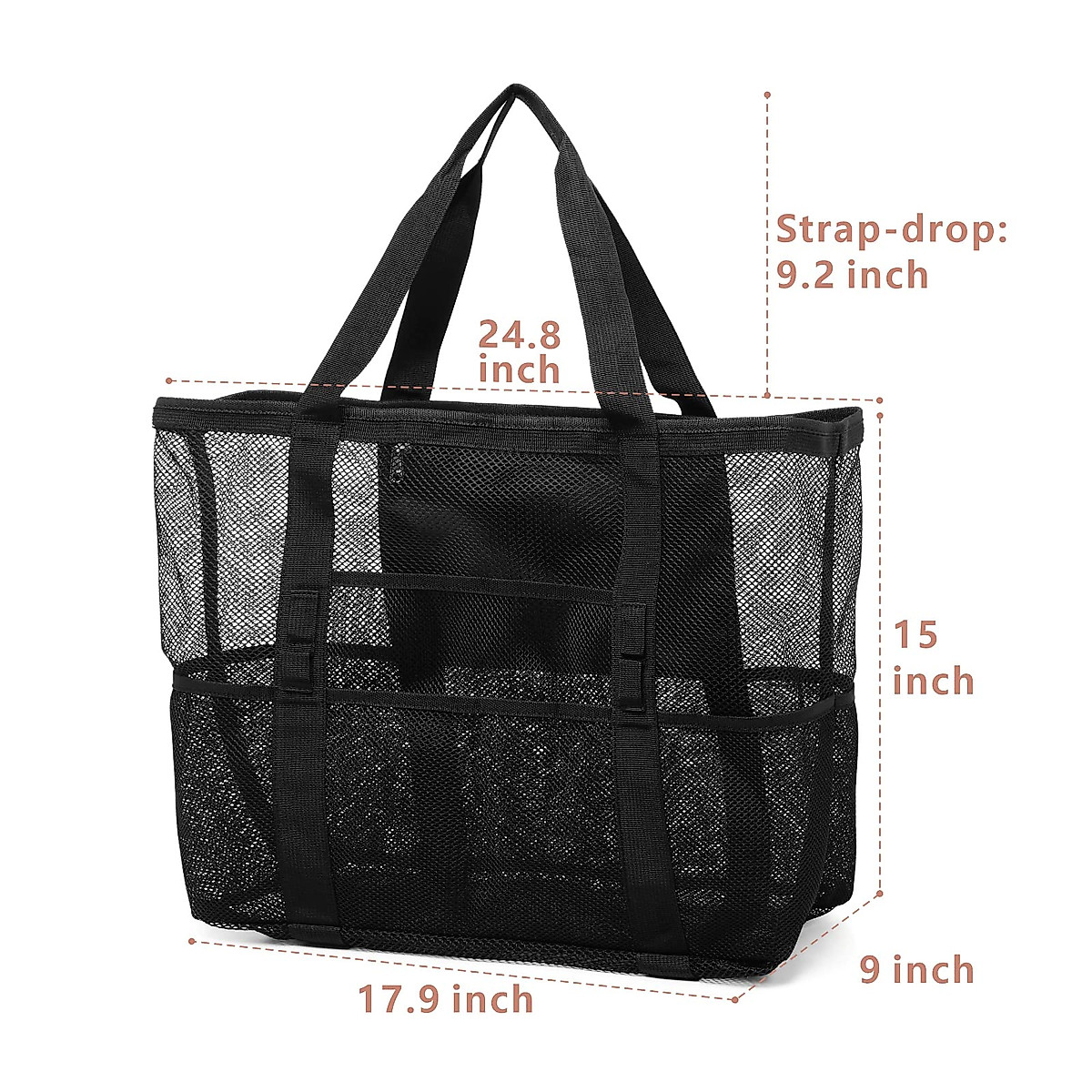 F-color Mesh Beach Bag Family - Beach Tote 9 Pockets Beach Towel Bag, Black