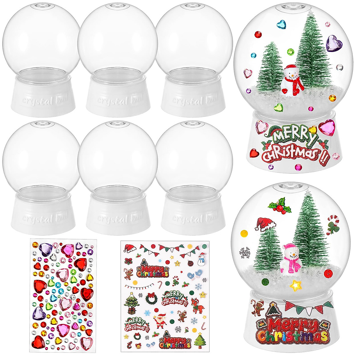 6 Pieces 4 Inch Plastic Snow Globes Clear Water Globes with Screw Off Cap DIY Snow Globes Water Globe Jar with Christmas and Diamond Sticker for DIY Crafts Home Decoration