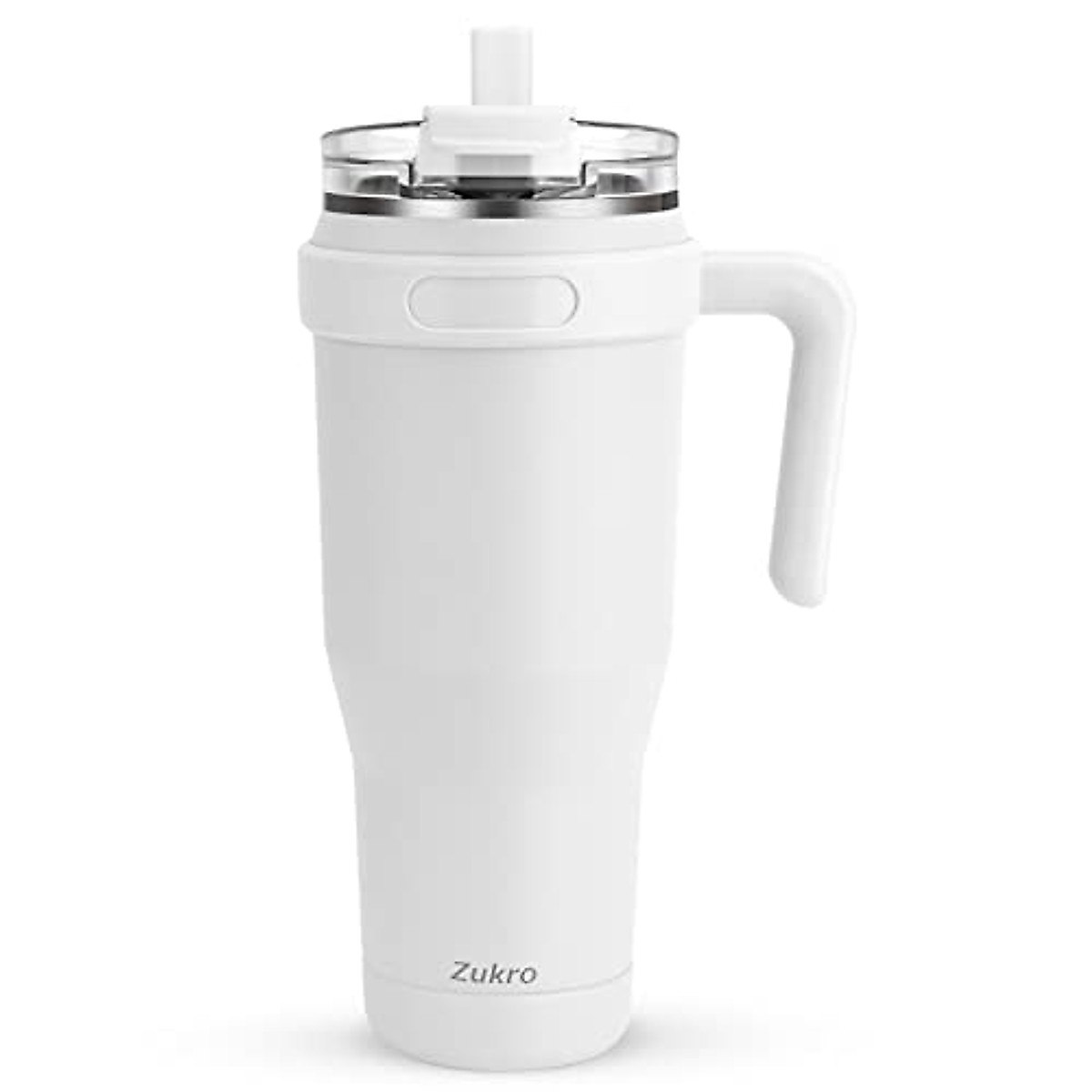 Zukro 50 oz Mug Tumbler With Handle And Flip Straw, Leakproof Vacuum Insulated Stainless Steel Cup Water Bottle with 2-in-1 Lid,Large Travel Mug, Fit in Cup Holder, Keeps Cold for 30 Hours, White