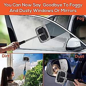 Trobo Windshield Cleaning Tool, Extendable Handle Interior Exterior Glass Pivoting Car Window Cleaner Wand Wiper Kit with 3 Washable Reusable Microfiber Cloths & Bonus Spray Bottle, Durable Material