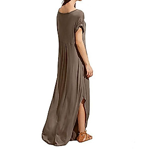Match Women's V-Neck Casual Loose Short Sleeve Long T-Shirt Dress Split Maxi Dress with Side Pocket (152 Khaki, XL)