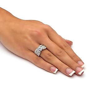 PalmBeach Jewelry Gold-Plated or Platinum-Plated Sterling Silver Round Cubic Zirconia Pave Bridal Ring Set Size 9