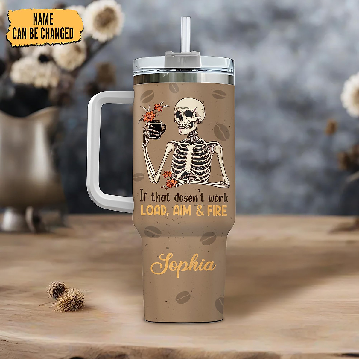 Hyturtle Personalized Goth Skull Tumbler - Gifts For Skeleton Lovers - Horror Lovers Gifts - Halloween Holiday Gifts For Women - Skeleton Gifts - Custom Name Travel Coffee Cup 40oz With Lid And Straw