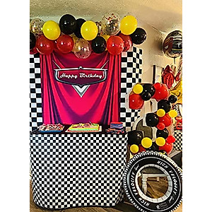 7x5ft Car Black White Grid Red Birthday Themed Backdrops Racing Flag Red Photo Backgrounds for Photography Happy Birthday Party Banner Photo Booth Props GYA