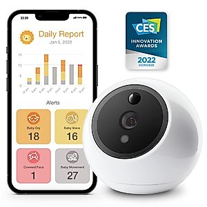 Amaryllo iBabi Smart Baby Monitor: 1080p FHD, Night Vision, Cry/Voice Alerts, 360 Auto-Tracking PTZ, Danger Zone, Baby's Daily Insights, Two-Way Audio, Lullaby Player, Wall Mount Included (White)