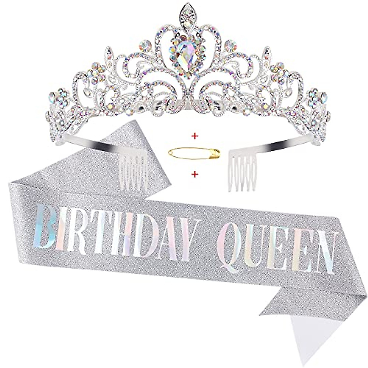 Casoty Birthday Queen Sash & Rhinestone Tiara Set, AB Rhinestones Birthday Crowns for Women, Happy Birthday Queen Tiara for Women with Comb, Birthday Tiara for Women, Birthday Sash and Tiara for Women