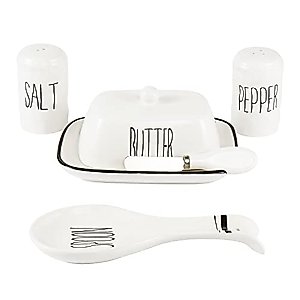 Ceramic Butter Dish with Lid Butter Knife, Spoon Rest, Salt and Pepper Shakers 5 in 1 Set, Gifts for Cooking Lovers, Food Safe, Ceramic, Snack Time, Rust-Free, White
