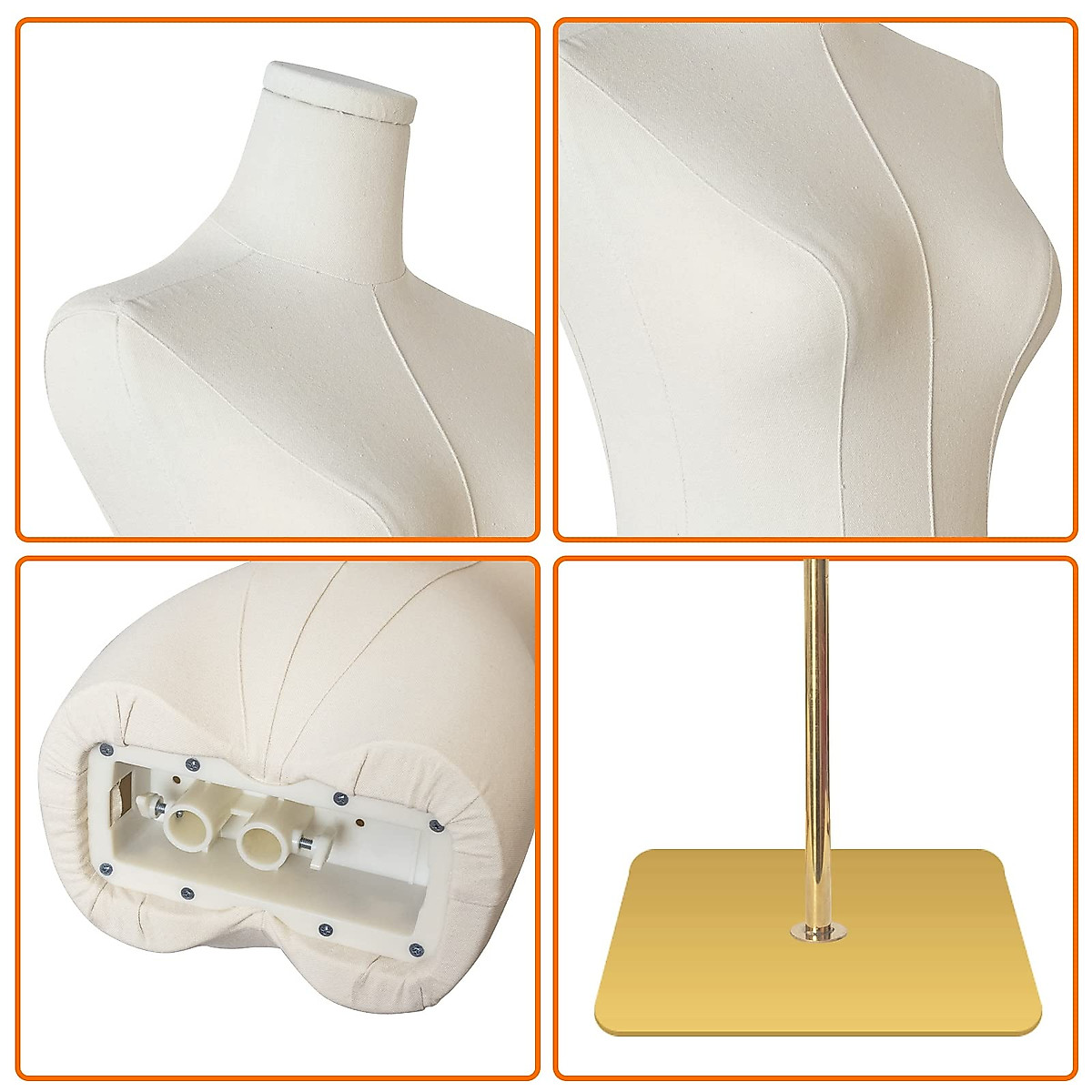 SHAREWIN Female Mannequin Torso Women Dress Forms for Sewing Manicanequin Body High Stability Gold Metal Stand for Clothing Dress Jewelry Display Adjustable Height 50”-70” Thin Body