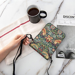 Striking Strawberry Thief Floral Art Crossbody Cell Phone Purse Wallet Bags With Shoulder Adjustable Strap For Women Teen Girls