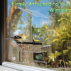 Ermete Window Bird Feeder with Strong Suction Cups, Large View Clear Bird Feeder Window, Adjustable Size Bird Window Feeder with Bird Seed Tray, Rain Proof Window Bird Feeders for Outside (S2)