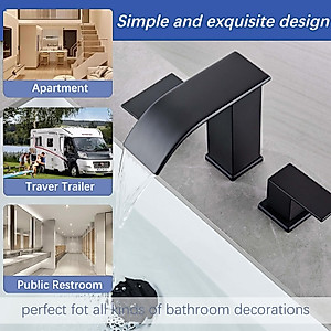 LOOPAN Bathroom Faucet for 3 Hole, Waterfall Matte Black 8 Inch Widespread Bathroom Faucets & Parts, Modern 3 Piece Bathroom Sink Faucet, Touch On Bathroom Sink Faucet with Drian&Hoses
