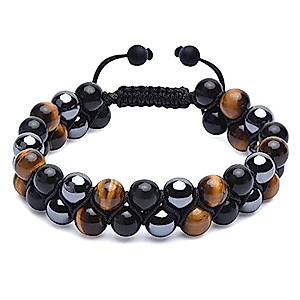 HASKARE Triple Protection Bracelet, Genuine Tigers Eye Black Obsidian and Hematite 8mm Beads Bracelet for Men Women, Crystal Jewelry Stone Bracelets Bring Luck and Prosperity and Happiness