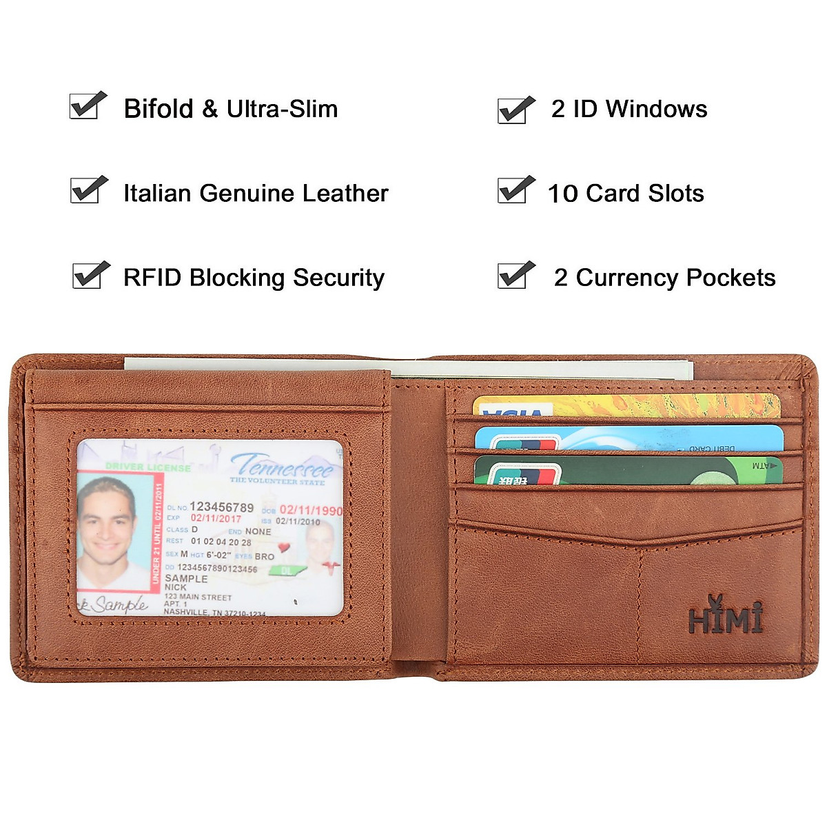 HIMI Wallet for Men-Genuine Leather RFID Blocking Bifold Stylish Wallet With 2 ID Window (Brown)