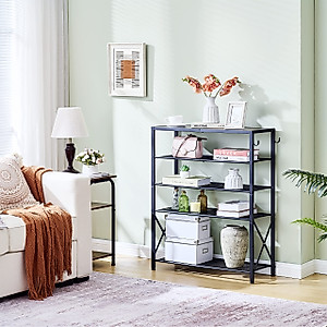 Tajsoon 5 Tier Shoe Rack Organizer for 16-20 Pairs of Shoes, Front Door Shoe Rack with 2 Hooks, Metal Mesh Shoe Shelf for Entryway, Shoe Storage with X Shape Fixed Frame, Rustic Brown & Black