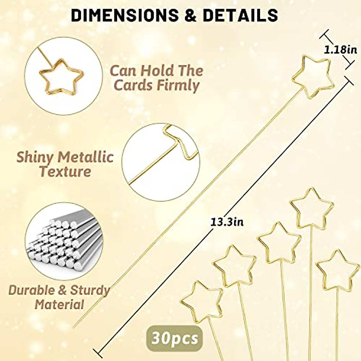 KIMOBER 30PCS Metal Floral Place Card Holder,13.4 Inch Golden Star Flower Picks Photo Memo Clips Gift Card Holder for Flower Arrangements,Wedding and Birthday Party