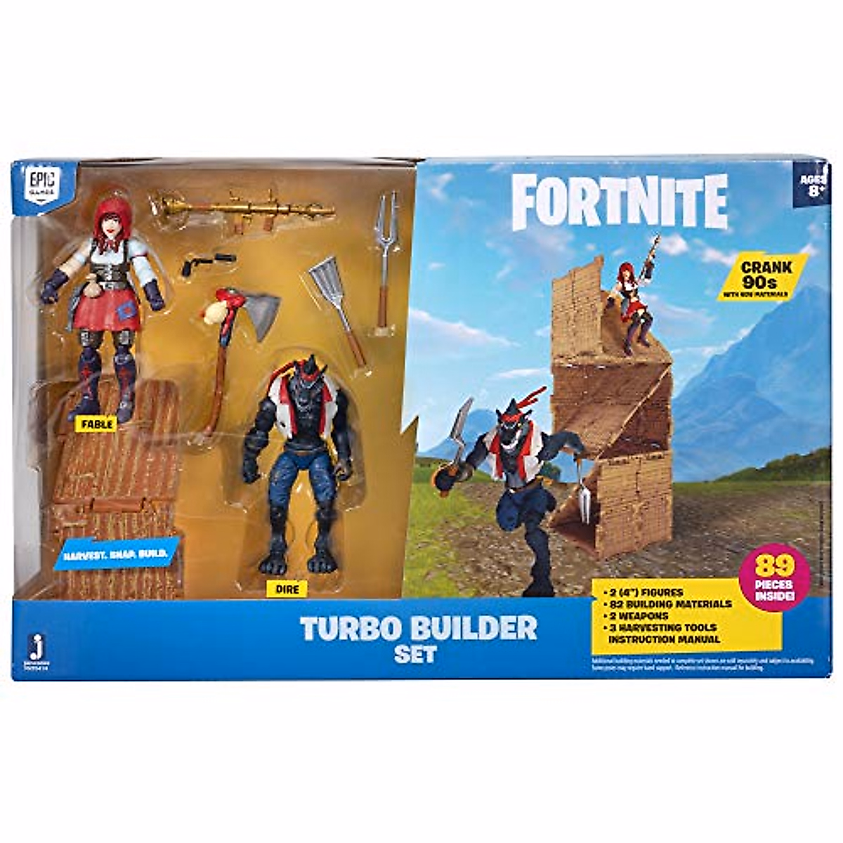 Fortnite Turbo Builder Set, 2 Figure Pack - 4 Inch Fable and Dire Collectible Action Figures - Plus 82 Building Materials, 2 Weapons, 3 Harvesting Tools - Collect Them All