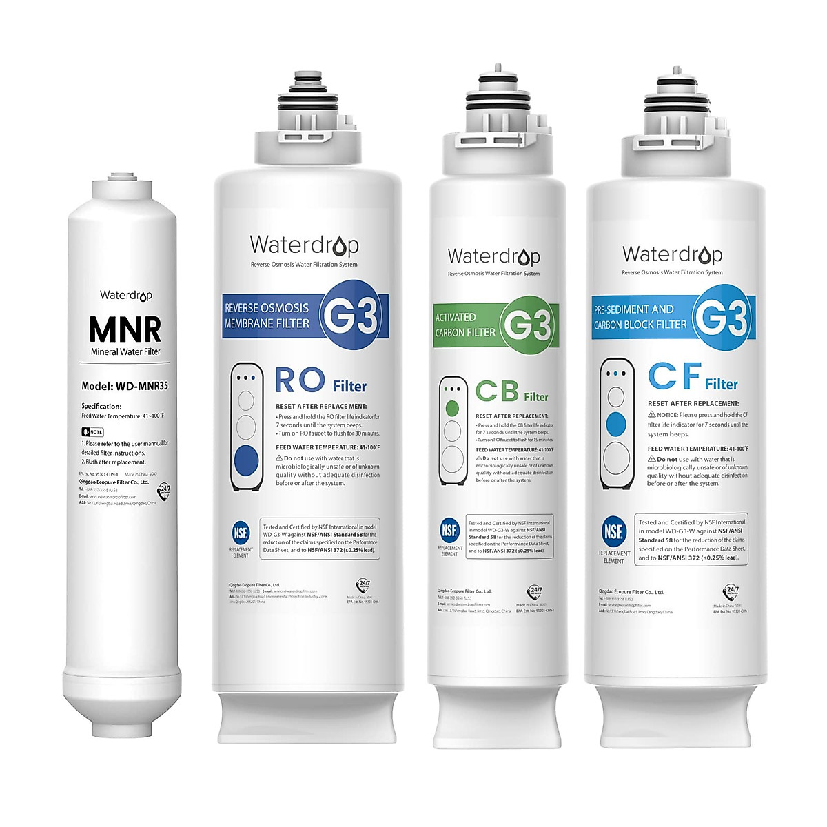 Waterdrop G3 Replacement Filter, Replacement for WD-G3-W Reverse Osmosis System, CF Filter + CB Filter + RO Filter + Mineral Filter, New Logo Design