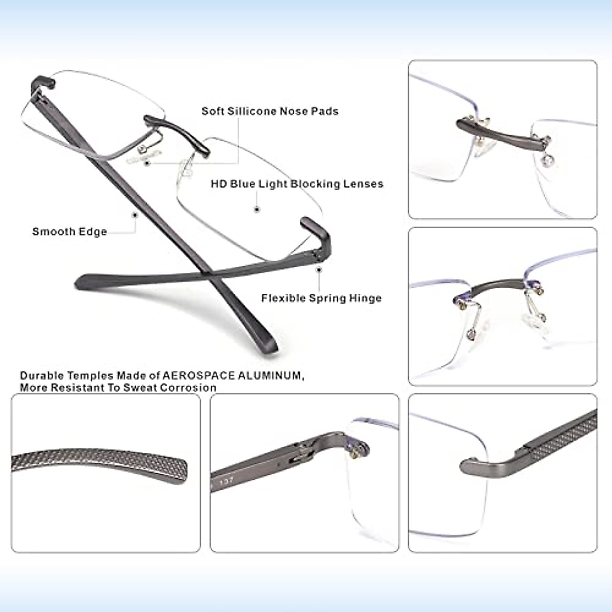 Missfive Premium Aluminum Progressive Multifocus Reading Glasses Men Blue Light Blocking, No-Line Spring Hinge Rimless Office Multifocal Metal Readers, Workspace for Mid-Near Range(3.0x, Gunmetal)