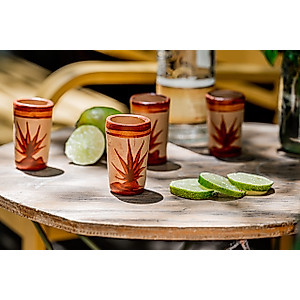 MEXTEQUIL - Tequila Shot Glasses - Set of 4 Terracotta Mexican Shot Glasses - 2 Oz - Natural & Colorful Clay - Barro Canelo & Capulineado - Handcrafted Hand-painted (Agave)