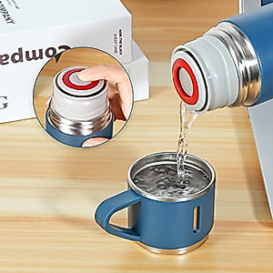 MUCR 500ml/17 OZ Stainless Steel Coffee Thermo Vacuum Flask Set, Insulated Water Bottle with Three Cup for Hot and Cold Drinks, Blue