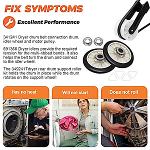 Upgraded 4392065 Dryer Maintenance Repair Kit by Beaquicy - Replacement for Whirlpool Ken-More Crosley Admiral Amana Dryer - Package Includes 349241t Drum Roller 341241 Belt and 691366 Idler Pulley