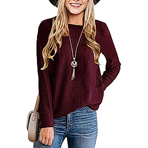 MEROKEETY Women's Long Sleeve Waffle Knit Sweater Crew Neck Solid Color Pullover Jumper Tops Wine
