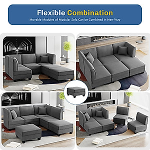 JAMFLY Modular Sectional Sofa U Shaped Sectional Couch with Reversible Chaise Convertible Sectional Couches for Living Room, 6 Seat Sofa Couch with Ottomans, Drak Grey
