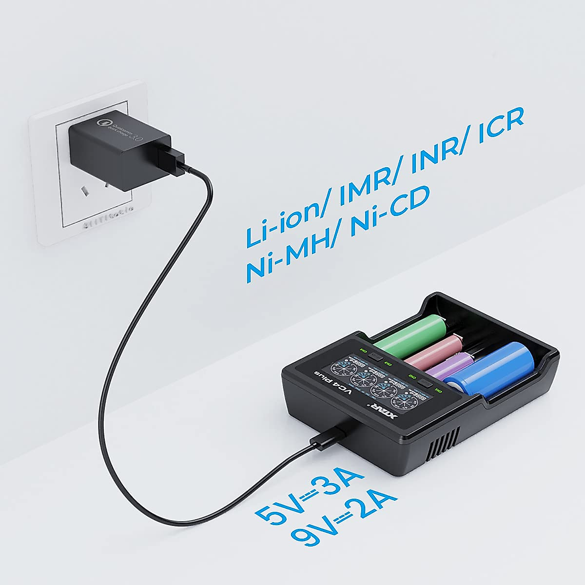XTAR VC4 Plus Battery 3A Fast Charger, 4 Bay Rechargeable Battery Charger Extend Version for 3.6V 3.7V 18650/20700/21700 Li-ion IMR INR ICR for 1.2V AAA SC Ni-MH Ni-CD with QC3.0 Adapter