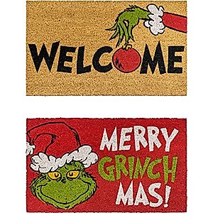 Gertmenian Mickey Mouse Coir Front Door Mat (2-Pack), Outdoor Mats for Home Entrance, Retro Welcome Mat, Disney Home Decor, 20" x 34" Each, Red Brown Welcome Merry Grinchmas, 19594