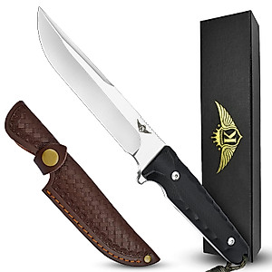 KOMWERO Fixed Blade Knife with Leather Sheath, D2 Steel Full Tang Hunting Knife, Non-Slip G10 Handle, EDC Survival Camping Knife for Outdoor Fishing Hiking