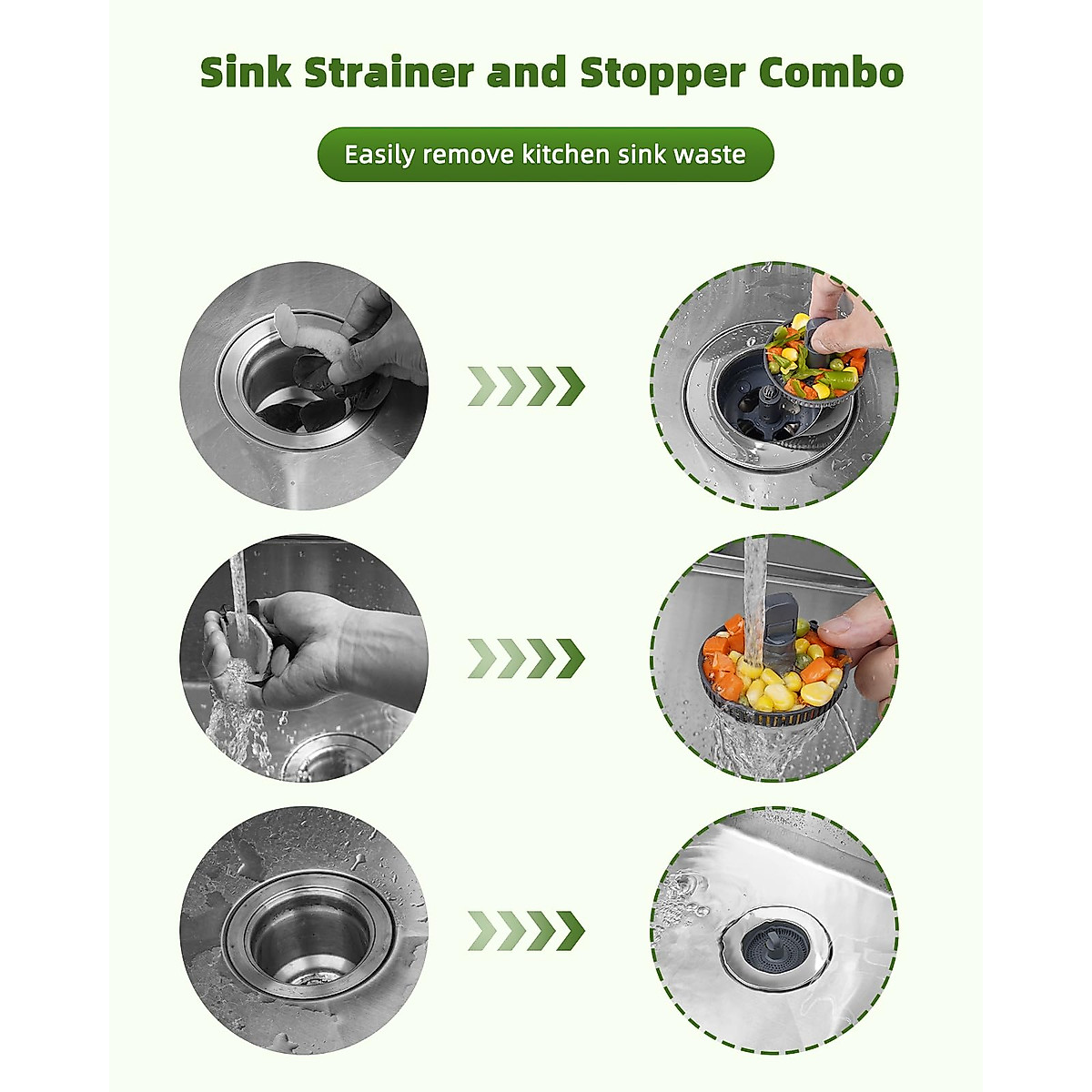Kitchen Sink Strainer Stopper Combo 3-in-1 Pop Up Kitchen Sink Drain with Upgrade Folded Handle, for US Standard 3-1/2 inch Drain Filter, Chrome Stainless-Wraped Shell, Anti-Clog