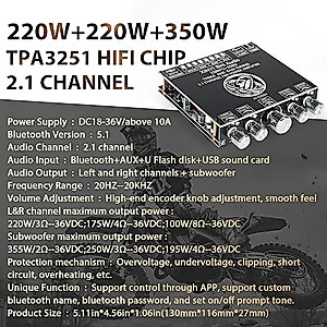 XY-S350H 2.1 Channel Bluetooth Power Amplifier Board with TPA3251 Chip, 220W*2+350W Support APP Control 18V-36V Bluetooth Speaker Audio Amplifier Module,Black