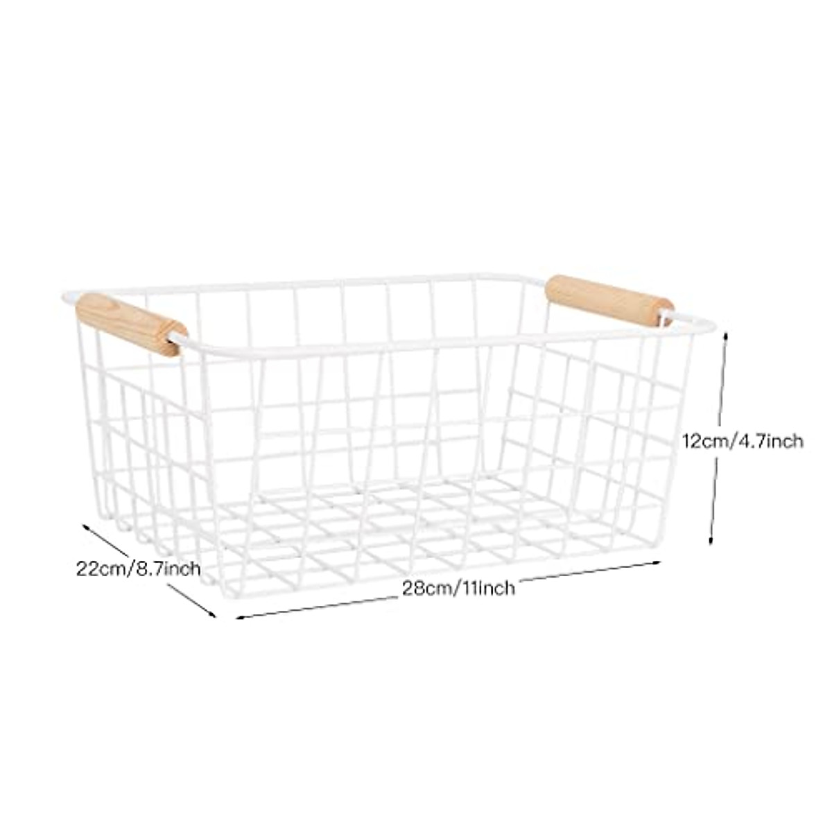 Fvstar 3pcs Wire White Baskets with Wooden Handles,Metal Storage Organizer Bins,Household Refrigerator Basket for Cabinets,Pantry,Shelf,Countertop,Closets,Bedrooms,kitchen
